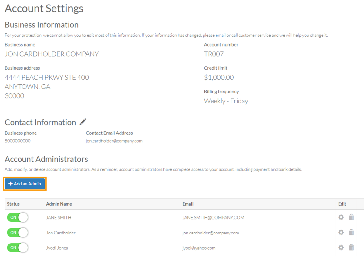 Add Admin to your Account – Card Management Online Help Center