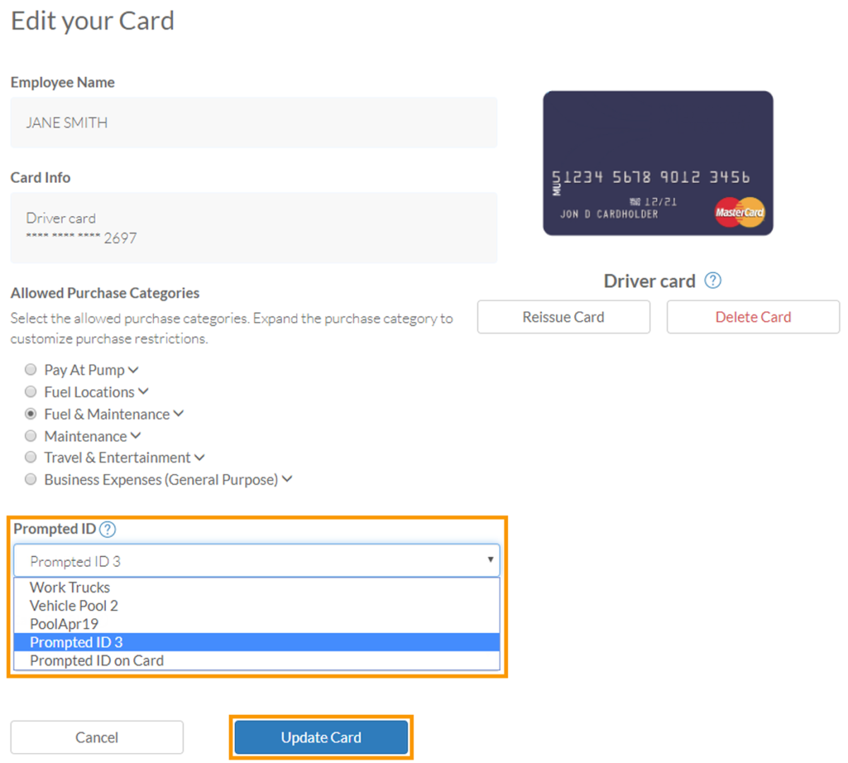 Assign Prompted ID Pools to a Card – Card Management Online Help Center
